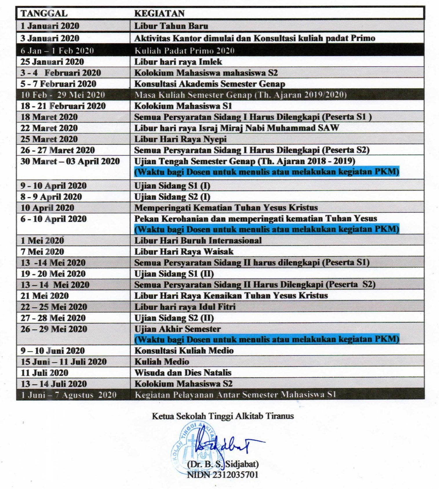 Kalender Akademik – Sekolah Tinggi Alkitab Tiranus